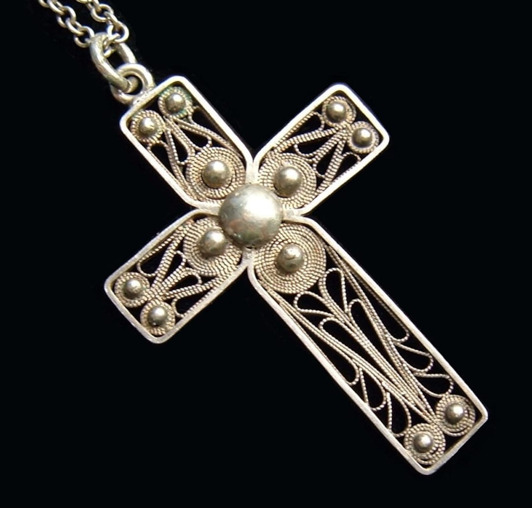 1890 Antique Silver Filigree Victorian Cross Pendant Chain Necklace ...