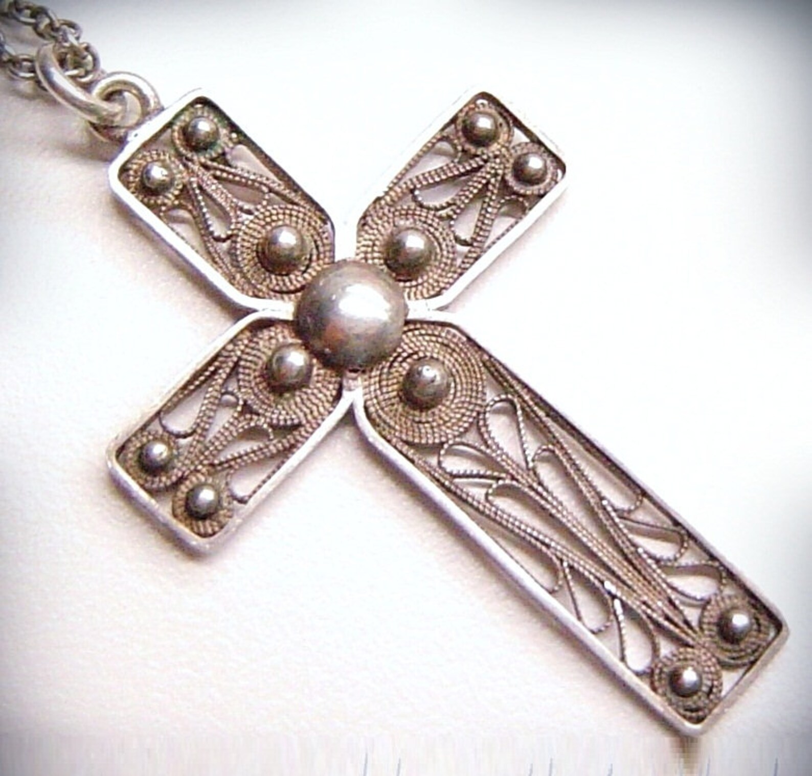 1890 Antique Silver Filigree Victorian Cross Pendant Chain Necklace ...