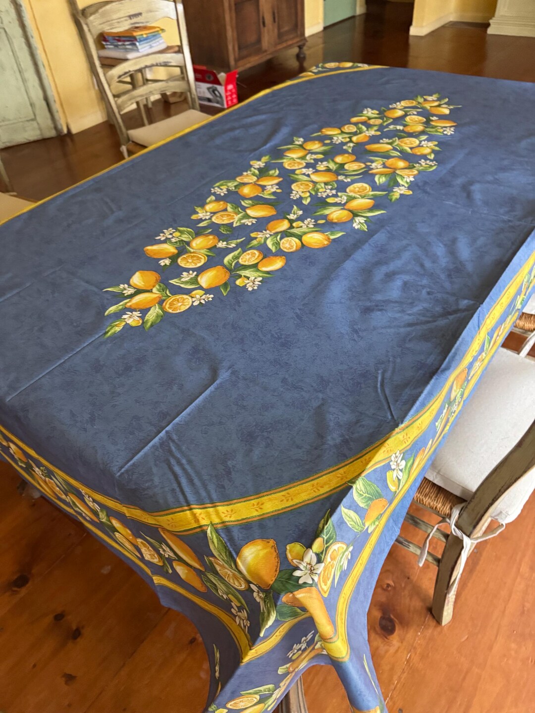 French Oilcloth Tablecloth: Blue Lemons, Blossoms, Vinyl Coated Cotton ...