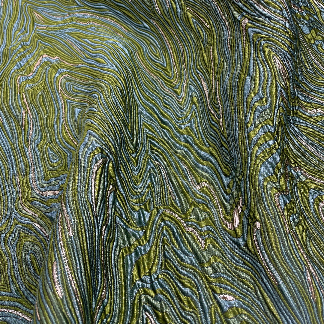 Green 3D Ocean Waves Silk Rayon Jacquard Brocade Fabric, Designer ...
