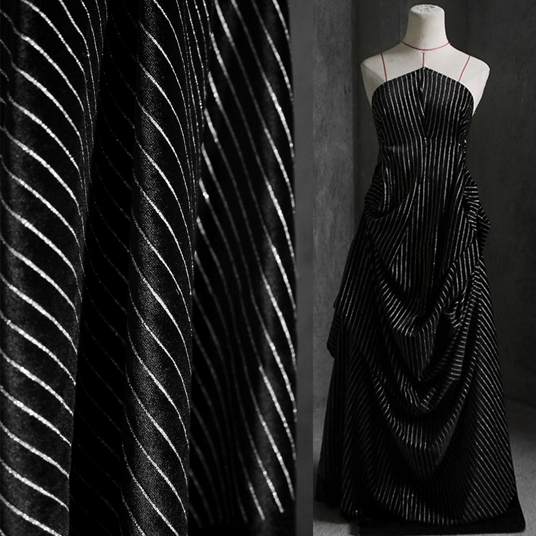 Black Velvet Silver Line Metallic Stripped Velvet Fabric Designer ...