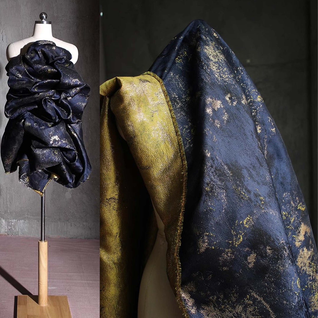 Vintage Luxury Navy Gold Jacquard Fabric, Two-sided Gilding Gold Petal ...