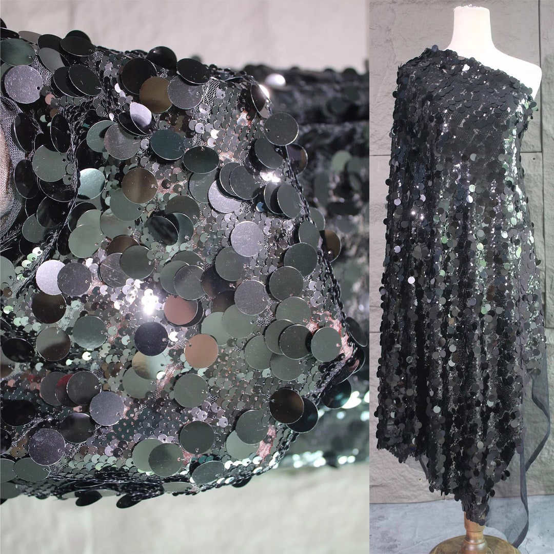 Shimmery Black Round Scales Sequin Embroidery Mesh Fabric Paillette ...