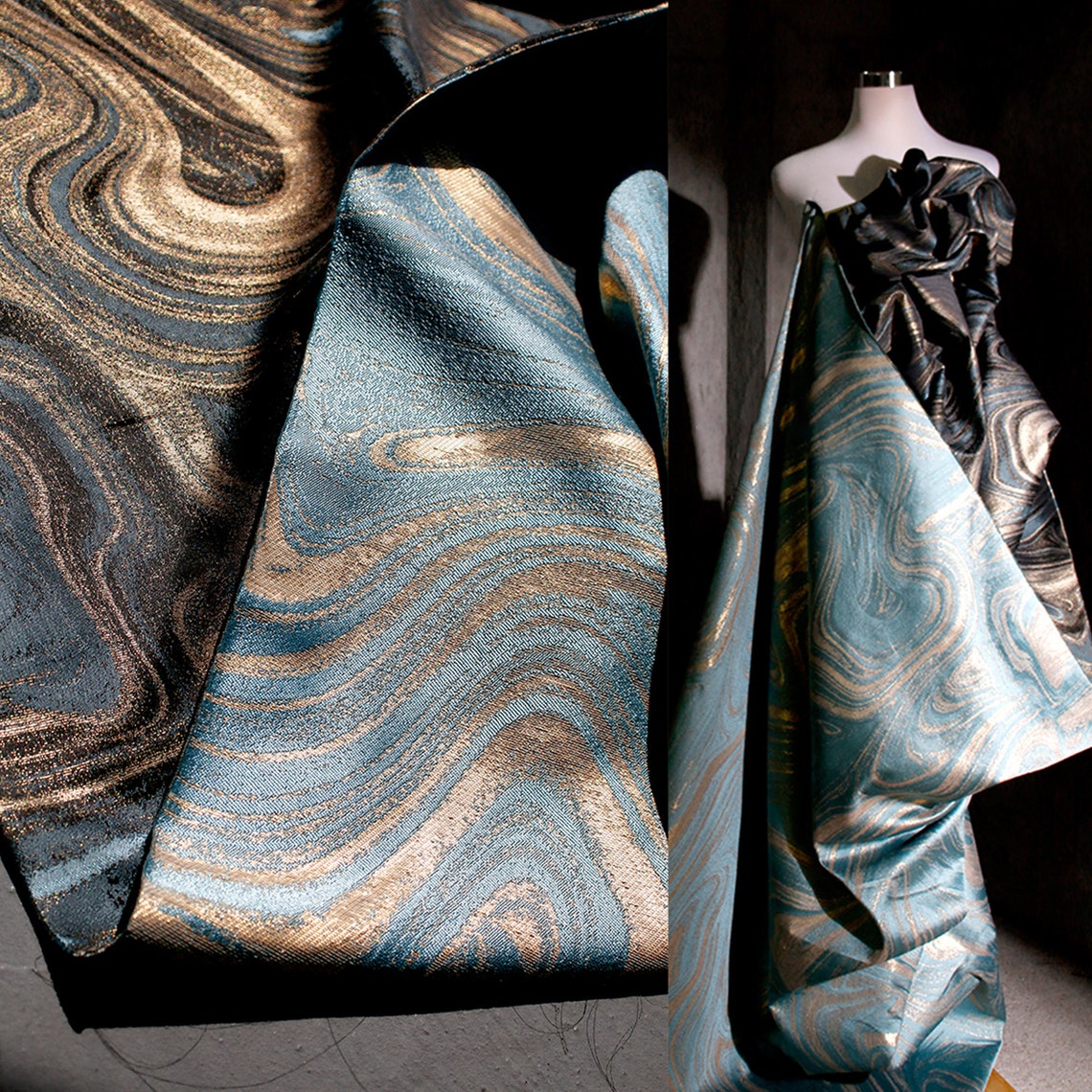 Shimmery Luxury Black/blue Marbling Jacquard Fabric,glossy Molten Rock ...