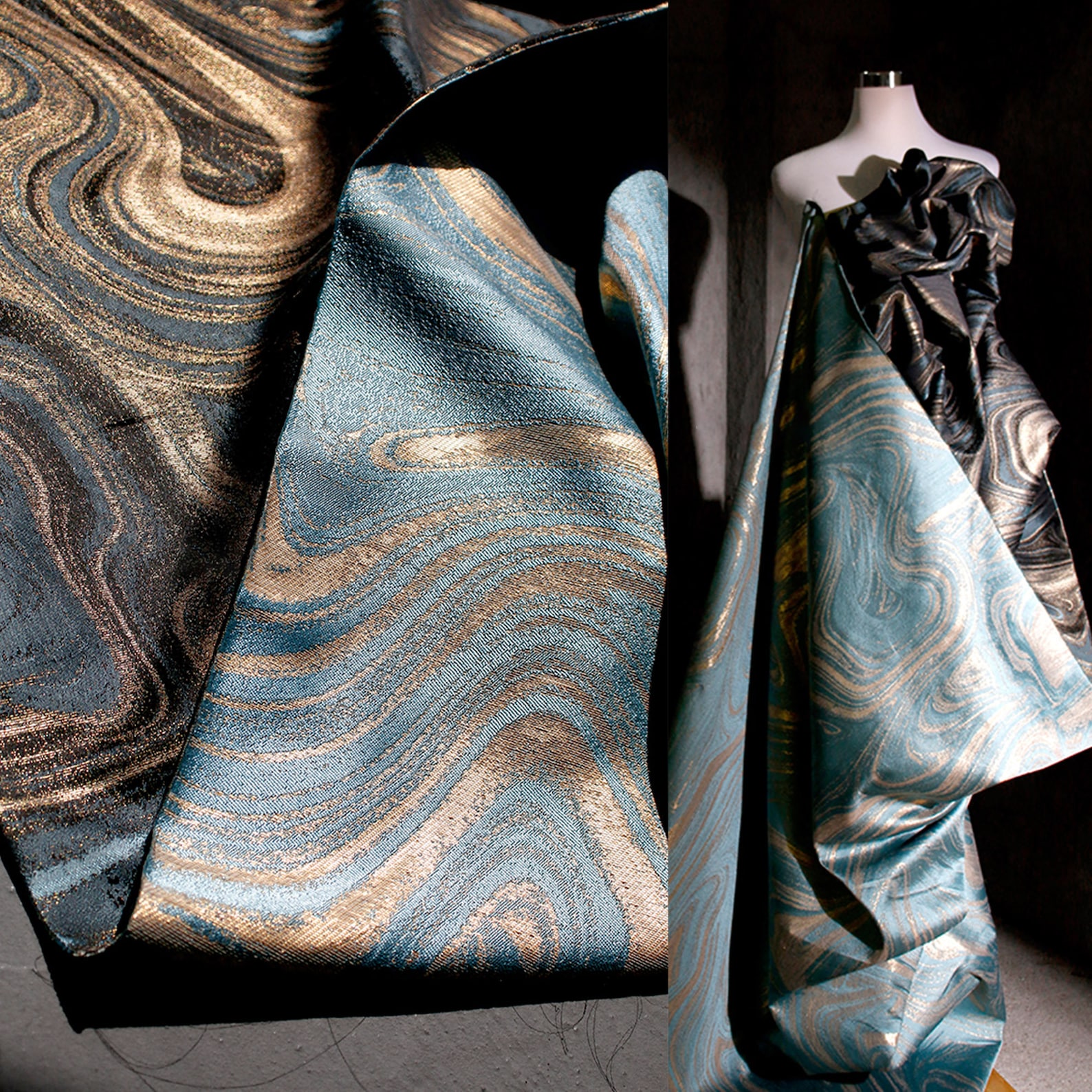 Shimmery Luxury Black/blue Marbling Jacquard Fabric,glossy Molten Rock ...