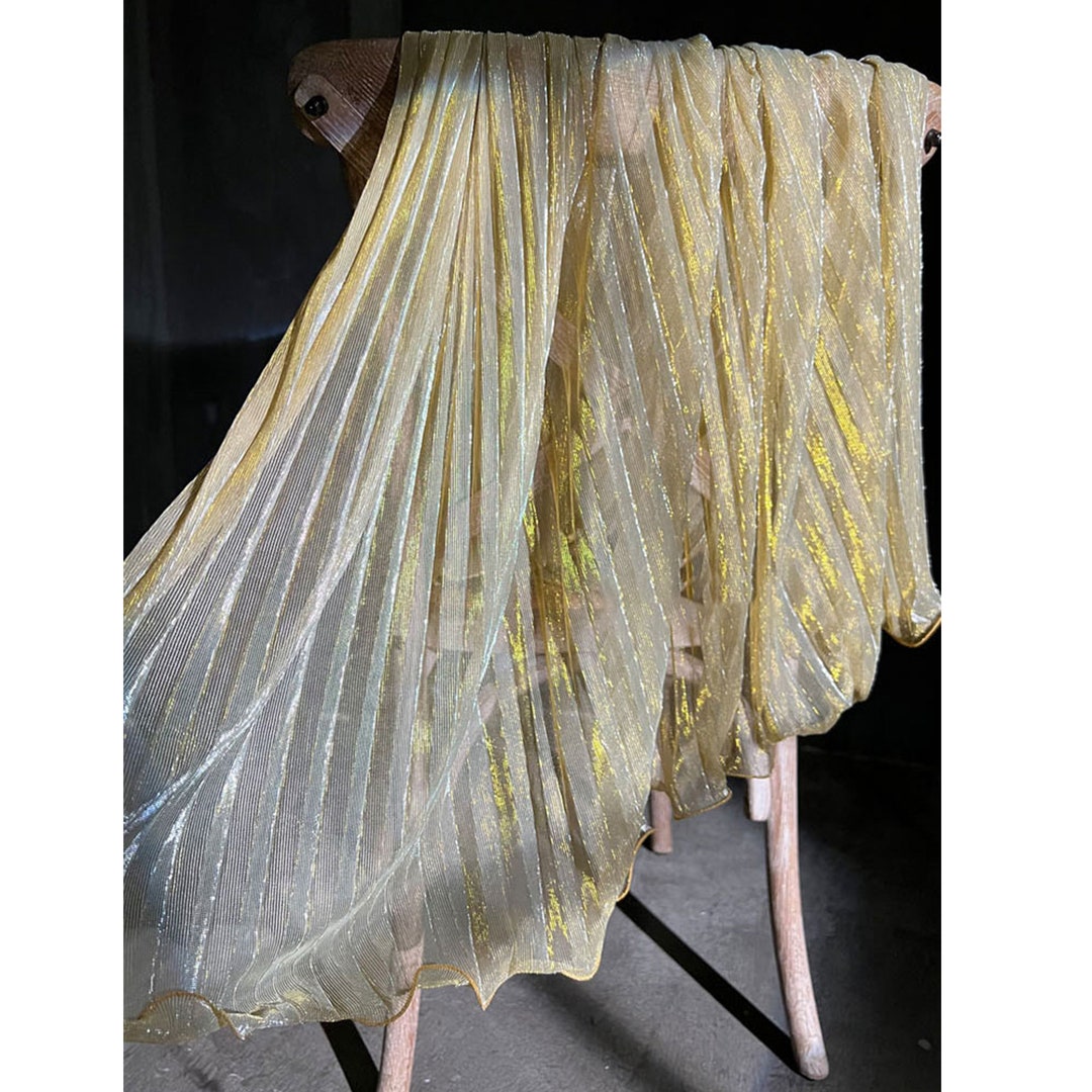 Gold Pleated Mesh Tulle Fabric Laser Ruffle Accordion Wedding Dress ...