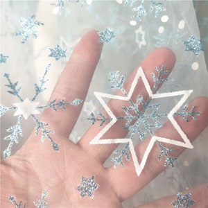 Blue Sequin Snowflake Embroidery Lace Fabric in Soft Tulle for Cocktail Dress, Gowns, Bridal ...