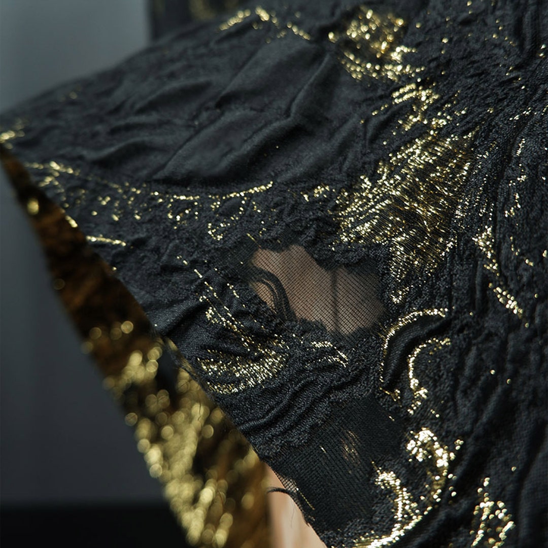 Gauze Floral Black Gold Jacquard Fabric Blend Texture Dress Fabric ...