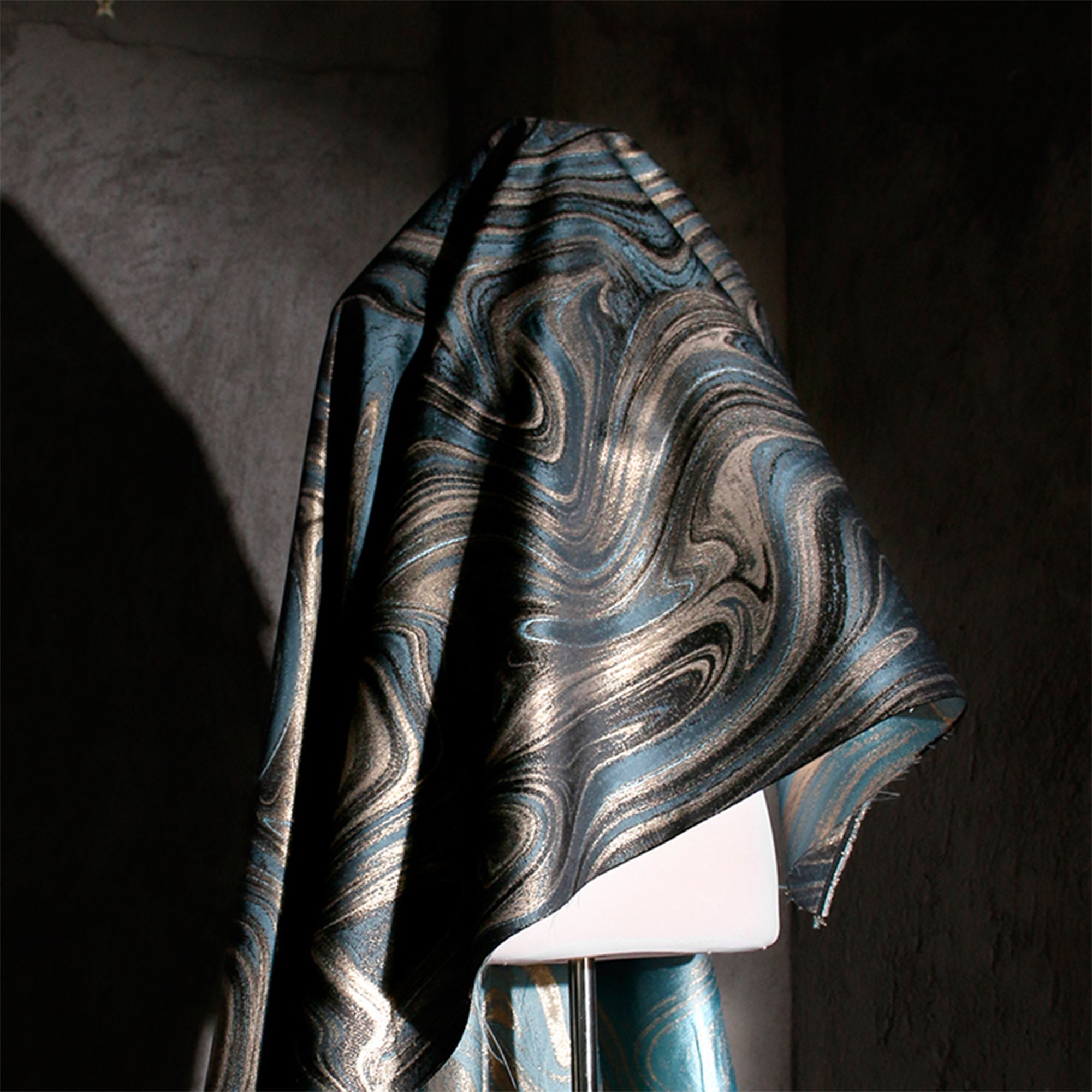 Shimmery Luxury Black/blue Marbling Jacquard Fabric,glossy Molten Rock ...