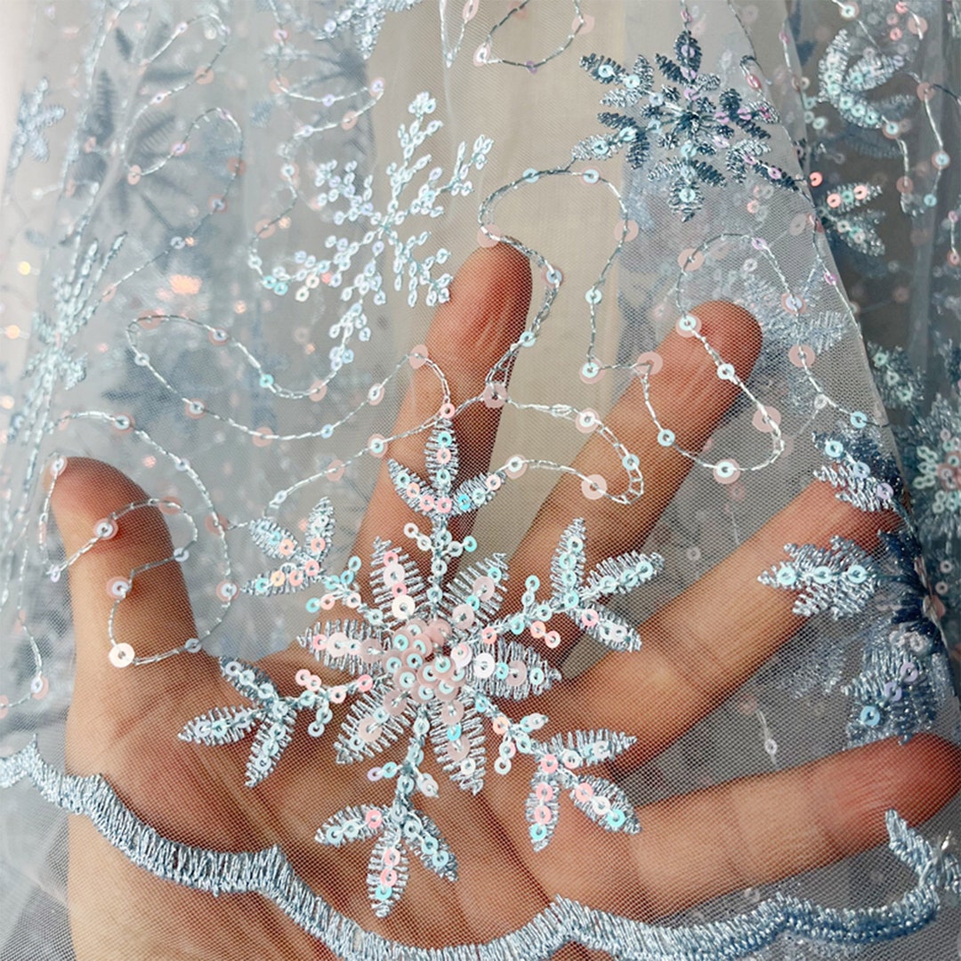 Blue Sequin Snowflake Embroidery Lace Fabric in Soft Tulle for Cocktail ...