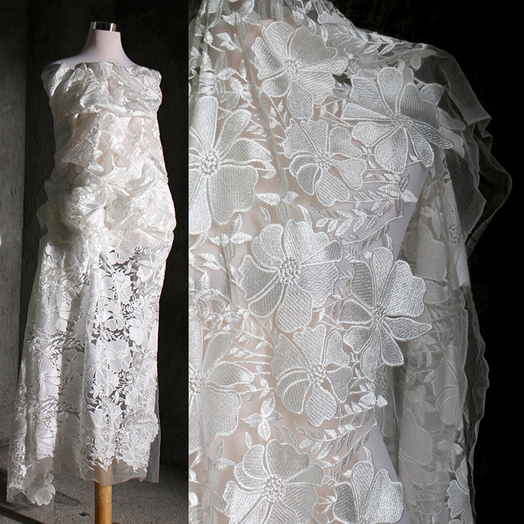 French Embroidery Lace Fabric in off White, Soft Floral Tulle Lace ...