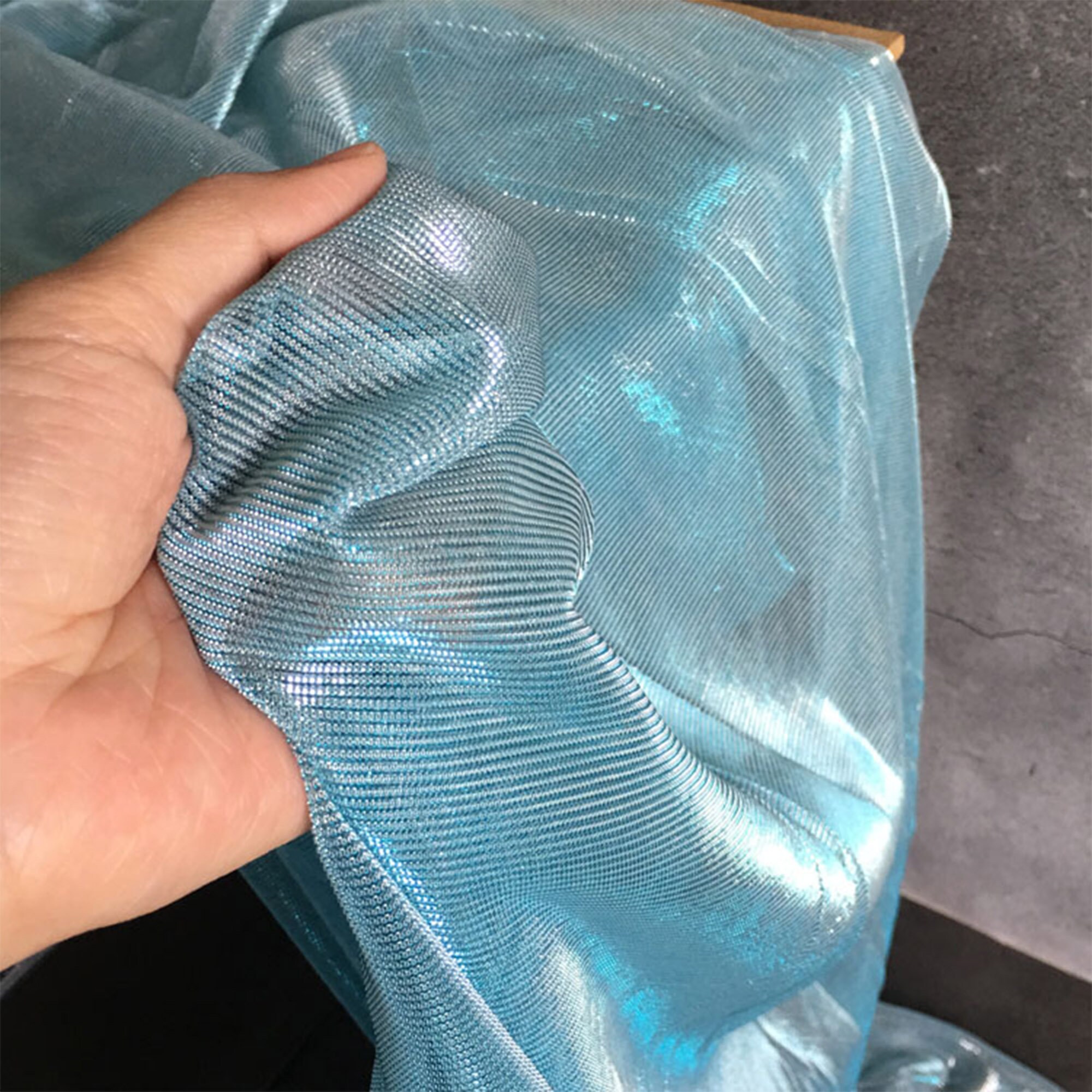Iridescent Blue Green Mesh Fabric,2way Stretch Soft Smooth Metallic ...