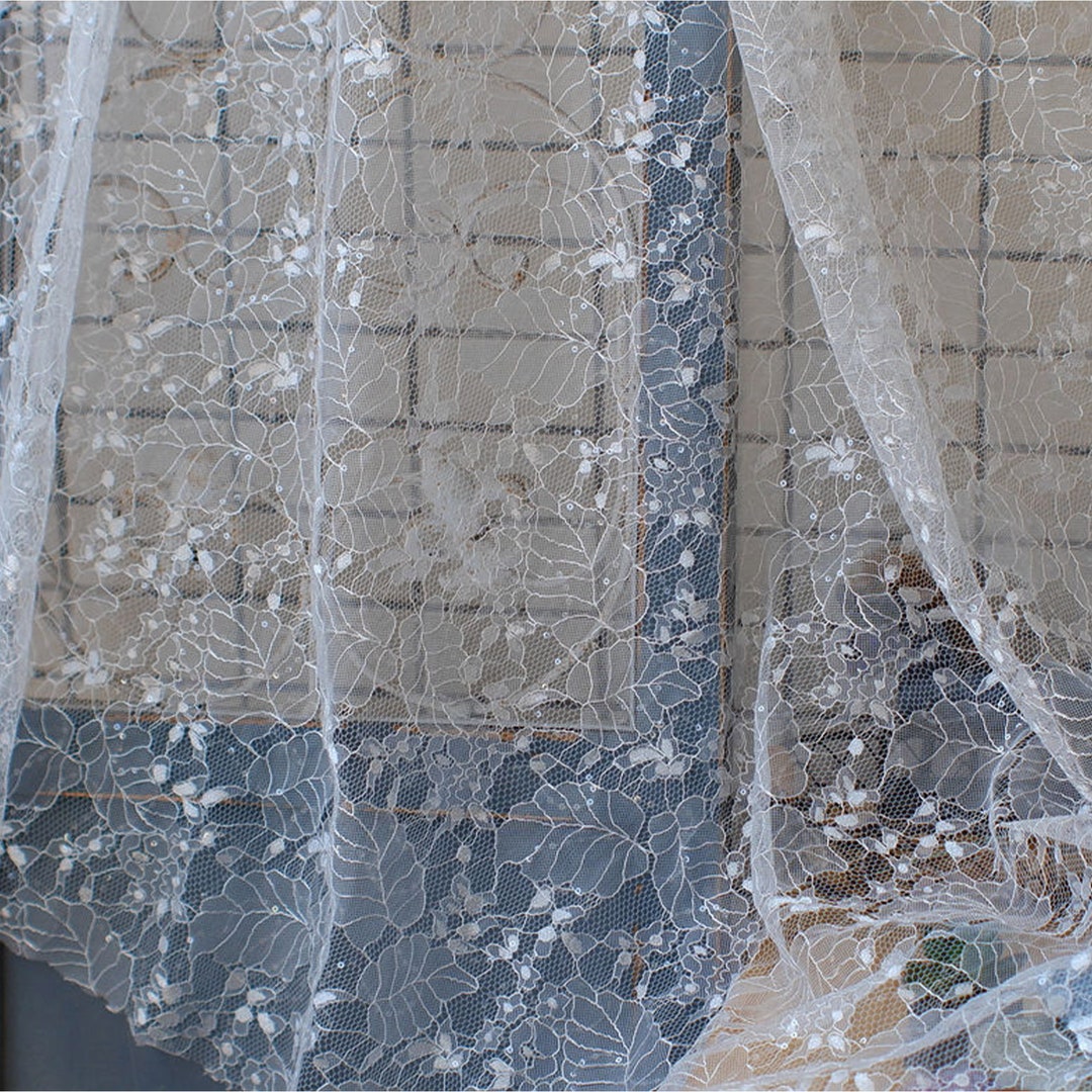 French Chantilly Sequined Leaves Lace Fabric Sparkle Lace Tulle Fabric ...