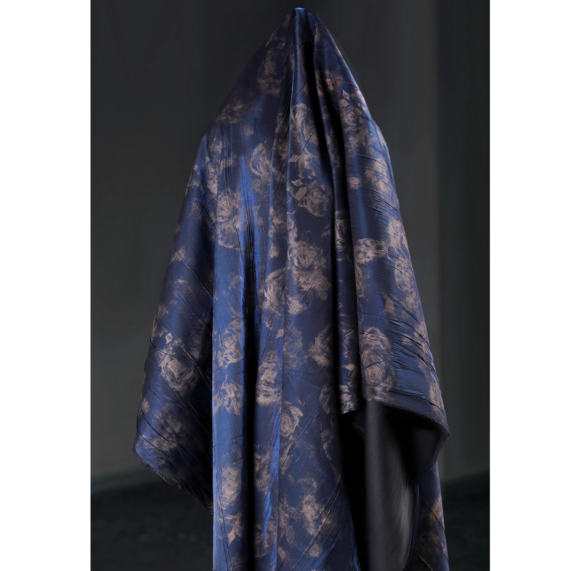 Sapphire Blue Gilding Rose Wrinkled Satin Fabric,cotton Fabric,soft and ...