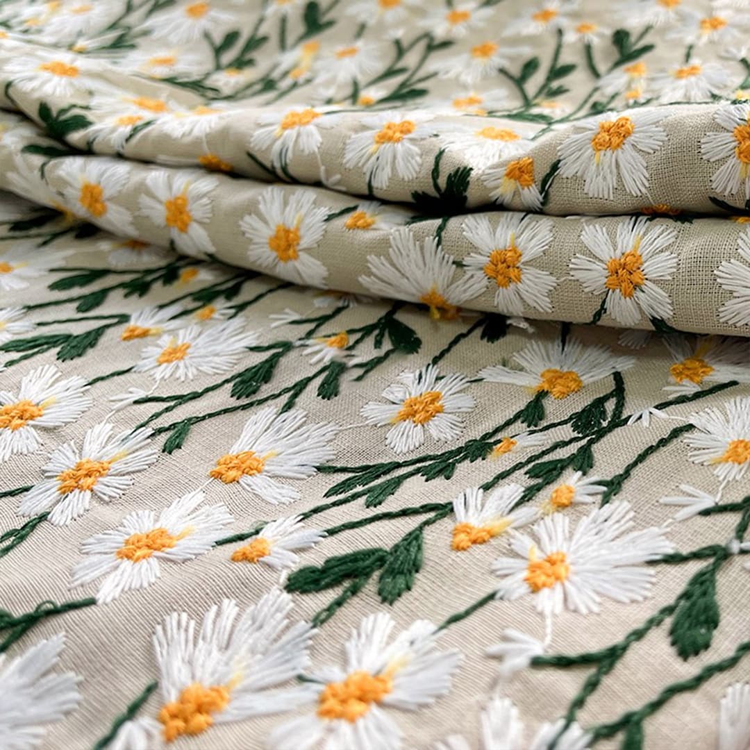 Daisy Flowers Embroidered Cotton Linen Blend Fabric Vintage Botanical ...