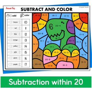 Addition and Subtraction to 20 Color by Number Math Practice Worksheets ...