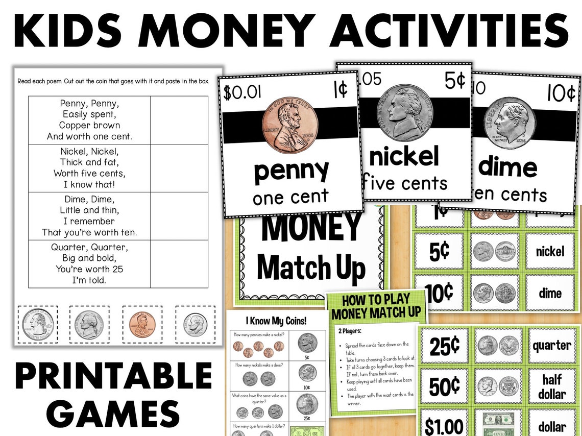 Printable Money Games Activities Worksheets for Kids Learn to | Etsy