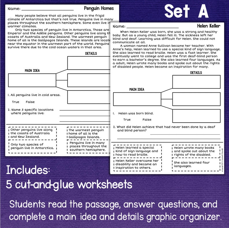 3rd Grade Reading Comprehension Cut & Paste Worksheets With - Etsy
