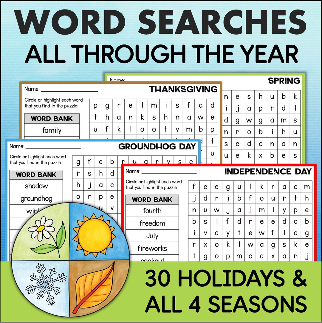 Easy Word Searches for Kids Holidays and Seasons 30 Printable ...