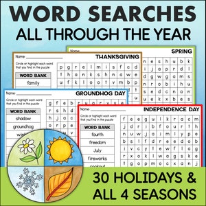 Easy Word Searches for Kids Holidays and Seasons 30 Printable ...