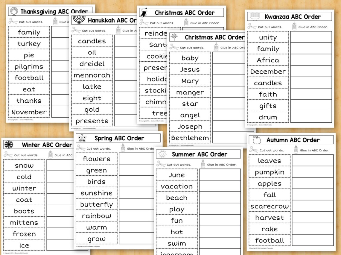 ABC Order Cut & Paste Printable Worksheets HOLIDAYS SEASONS - Etsy