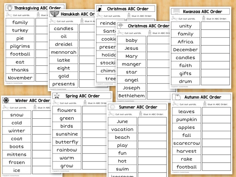 ABC Order Cut & Paste Printable Worksheets HOLIDAYS SEASONS - Etsy
