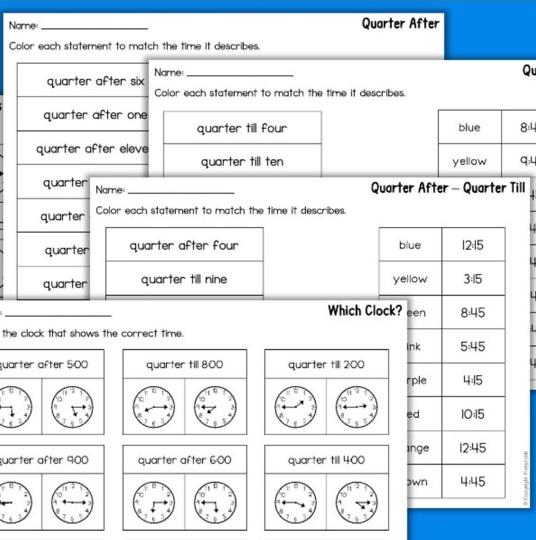 Learn to Tell Time to the Quarter Hour Worksheets Activities Posters ...