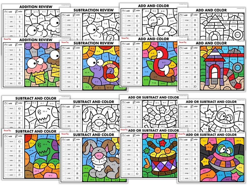 Addition and Subtraction to 20 Color by Number Math Practice Worksheets ...