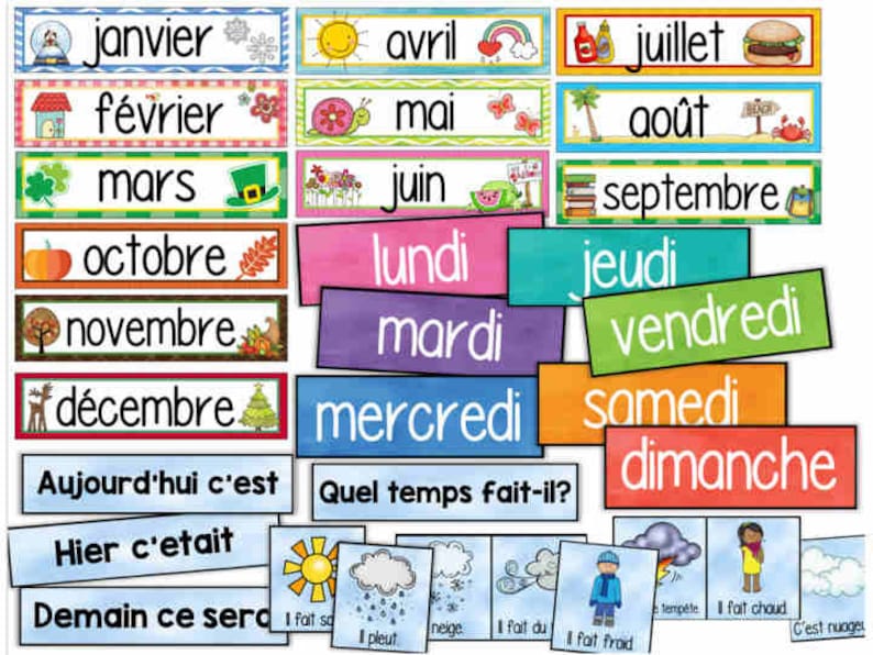 FRENCH Calendar Kit Months Days Seasons Weather Date Cards Set | Etsy