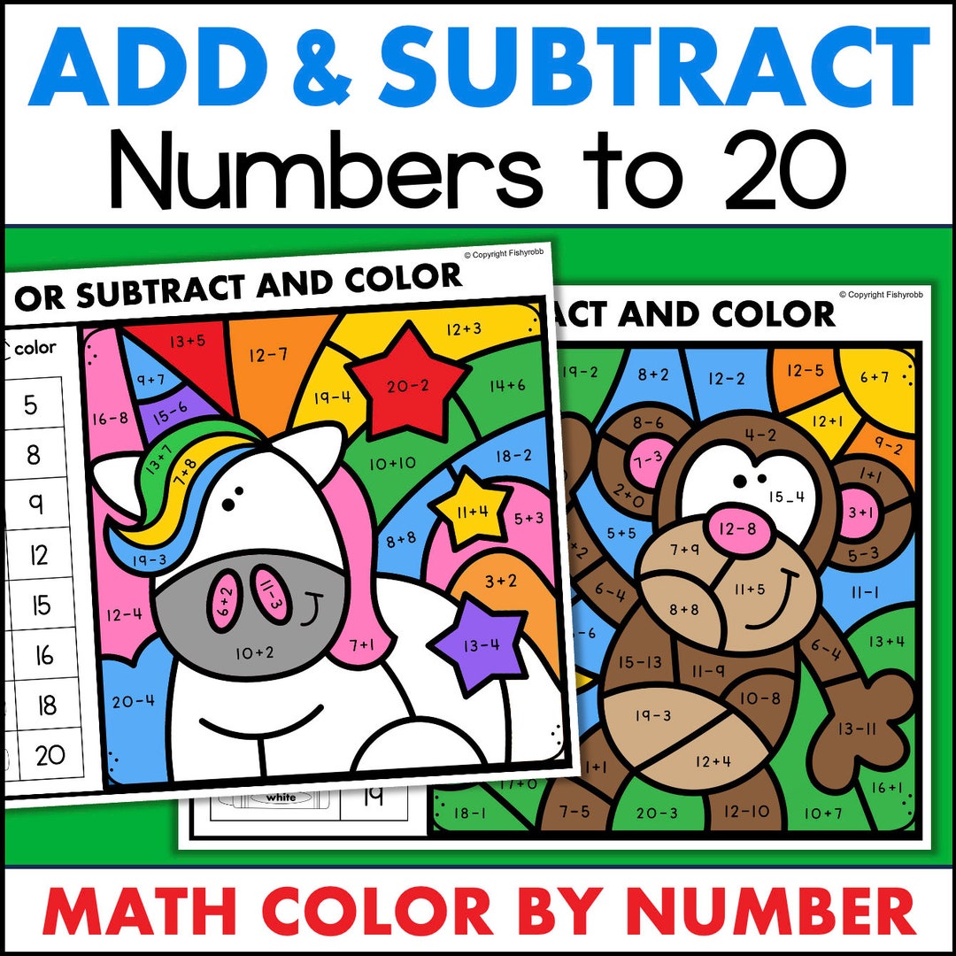 Addition and Subtraction to 20 Color by Number Math Practice Worksheets ...