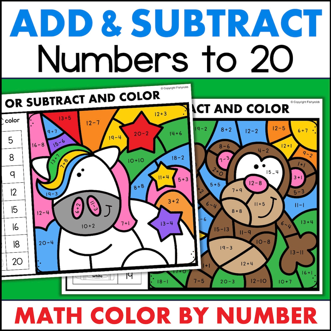 Addition and Subtraction to 20 Color by Number Math Practice Worksheets ...
