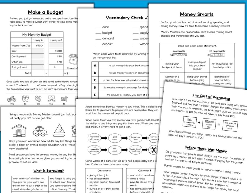 Learning About Money Financial Literacy 2nd 3rd Grade Printable ...