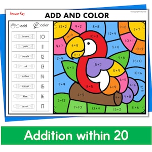 Addition and Subtraction to 20 Color by Number Math Practice Worksheets ...