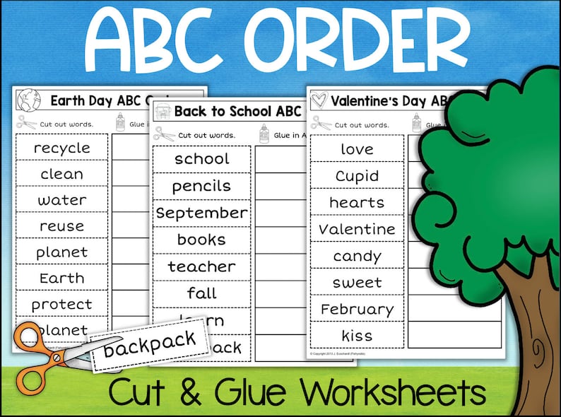 ABC Order Cut & Paste Printable Worksheets HOLIDAYS SEASONS All Year ...