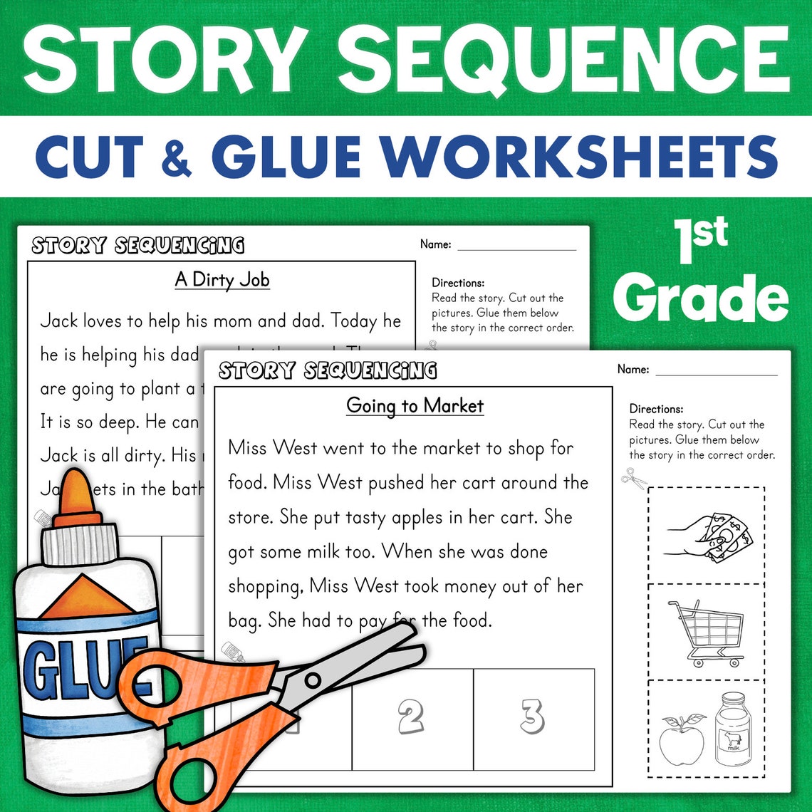 1st Grade Reading Comprehension Story Sequencing Cut & Glue Worksheets ...