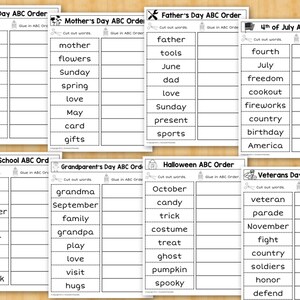 ABC Order Cut & Paste Printable Worksheets HOLIDAYS SEASONS All Year ...