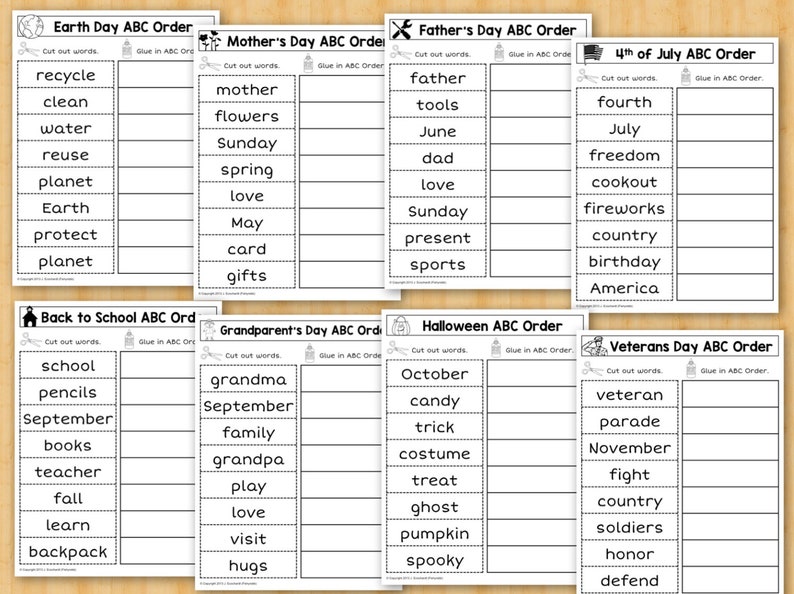 ABC Order Cut & Paste Printable Worksheets HOLIDAYS SEASONS - Etsy