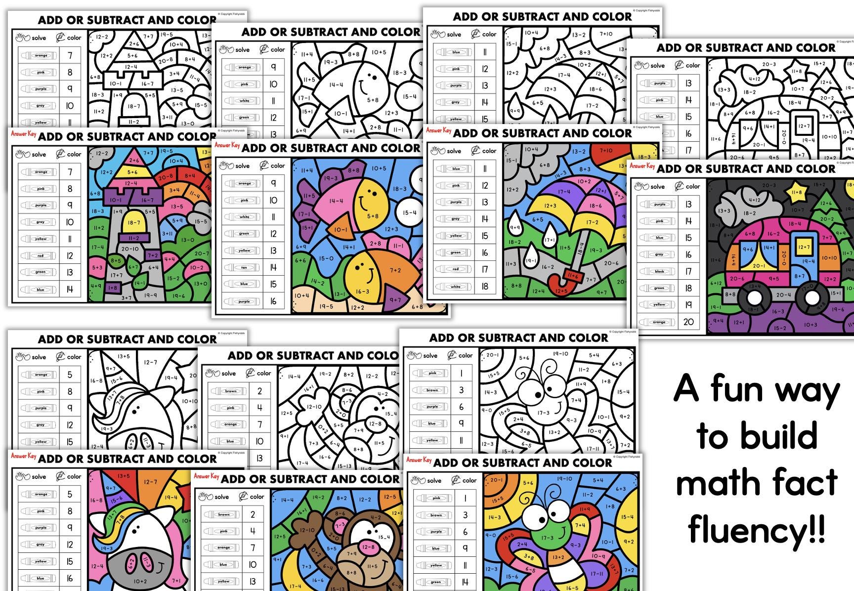 Addition and Subtraction to 20 Color by Number Math Practice Worksheets ...