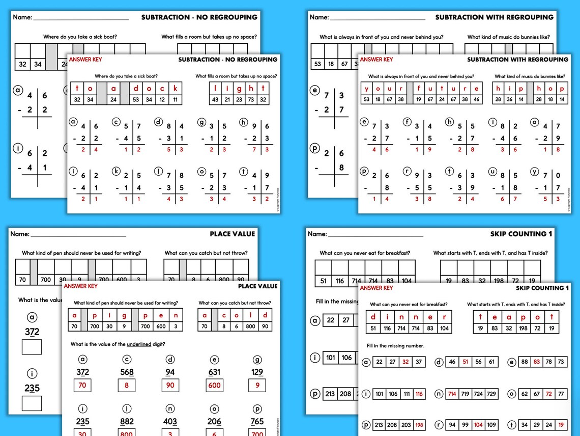 2nd Grade Math Worksheets Riddles Puzzles Addition Subtraction - Etsy