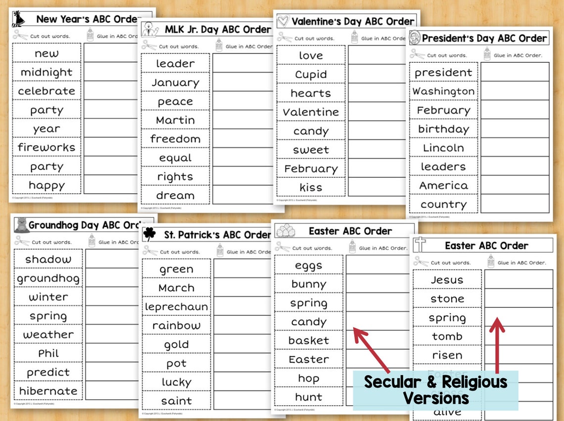 ABC Order Cut & Paste Printable Worksheets HOLIDAYS SEASONS - Etsy
