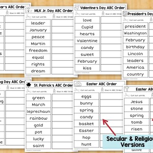ABC Order Cut & Paste Printable Worksheets HOLIDAYS SEASONS All Year ...