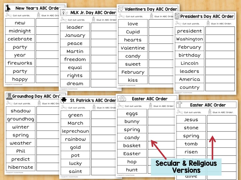 ABC Order Cut & Paste Printable Worksheets HOLIDAYS SEASONS - Etsy