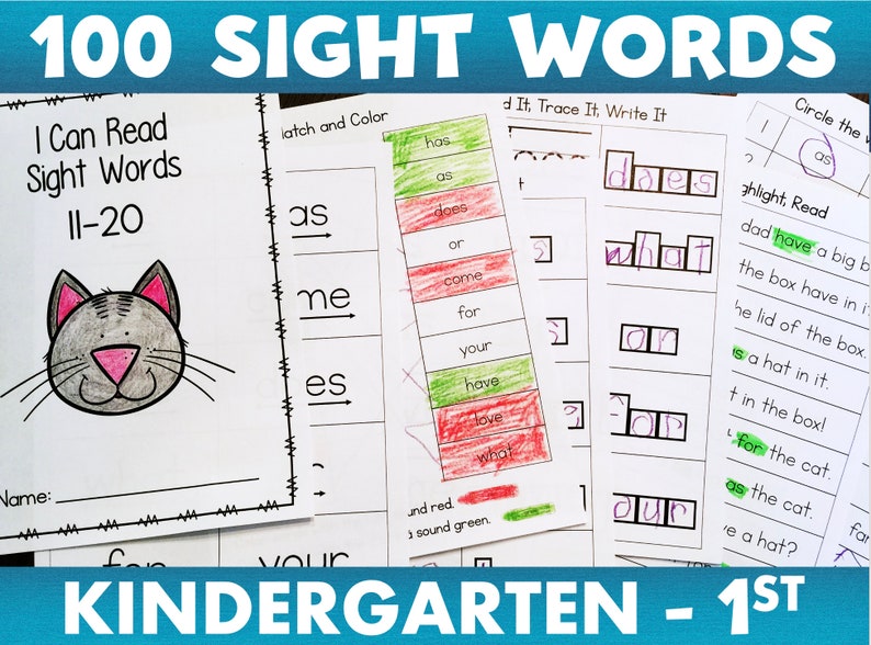 100 Printable Sight Words Worksheets & Flashcards Kindergarten - Etsy