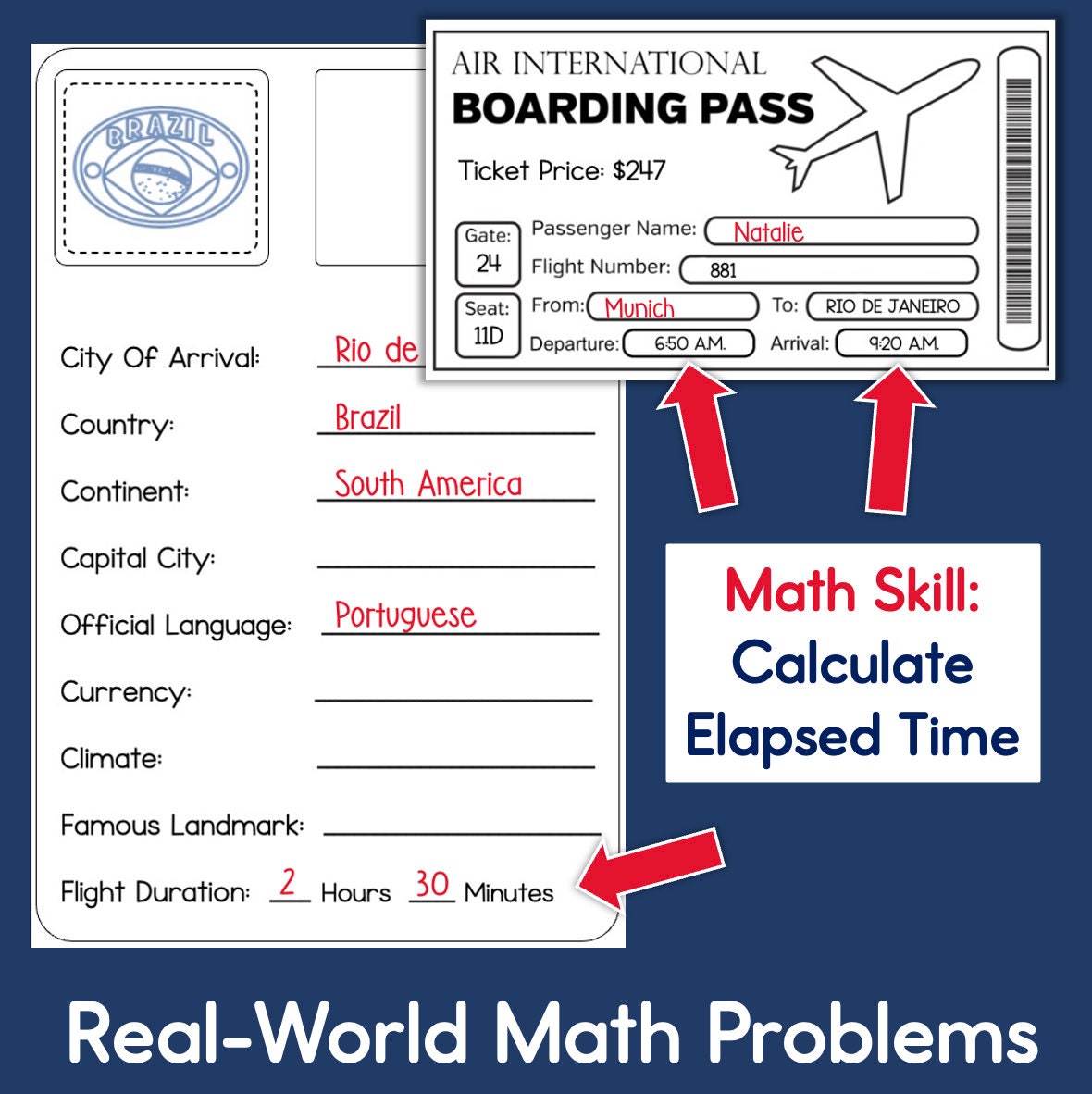 World Traveler 3rd Grade Math Practice and Geography Research Project ...