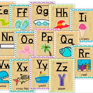Printable BEACH Theme ABC Alphabet Posters Letters A to Z Classroom ...