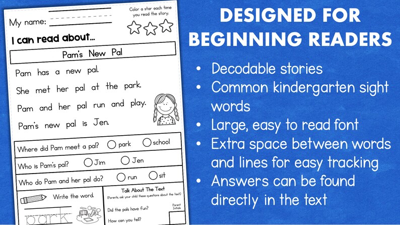 Kindergarten at Home Reading Worksheets Comprehension - Etsy