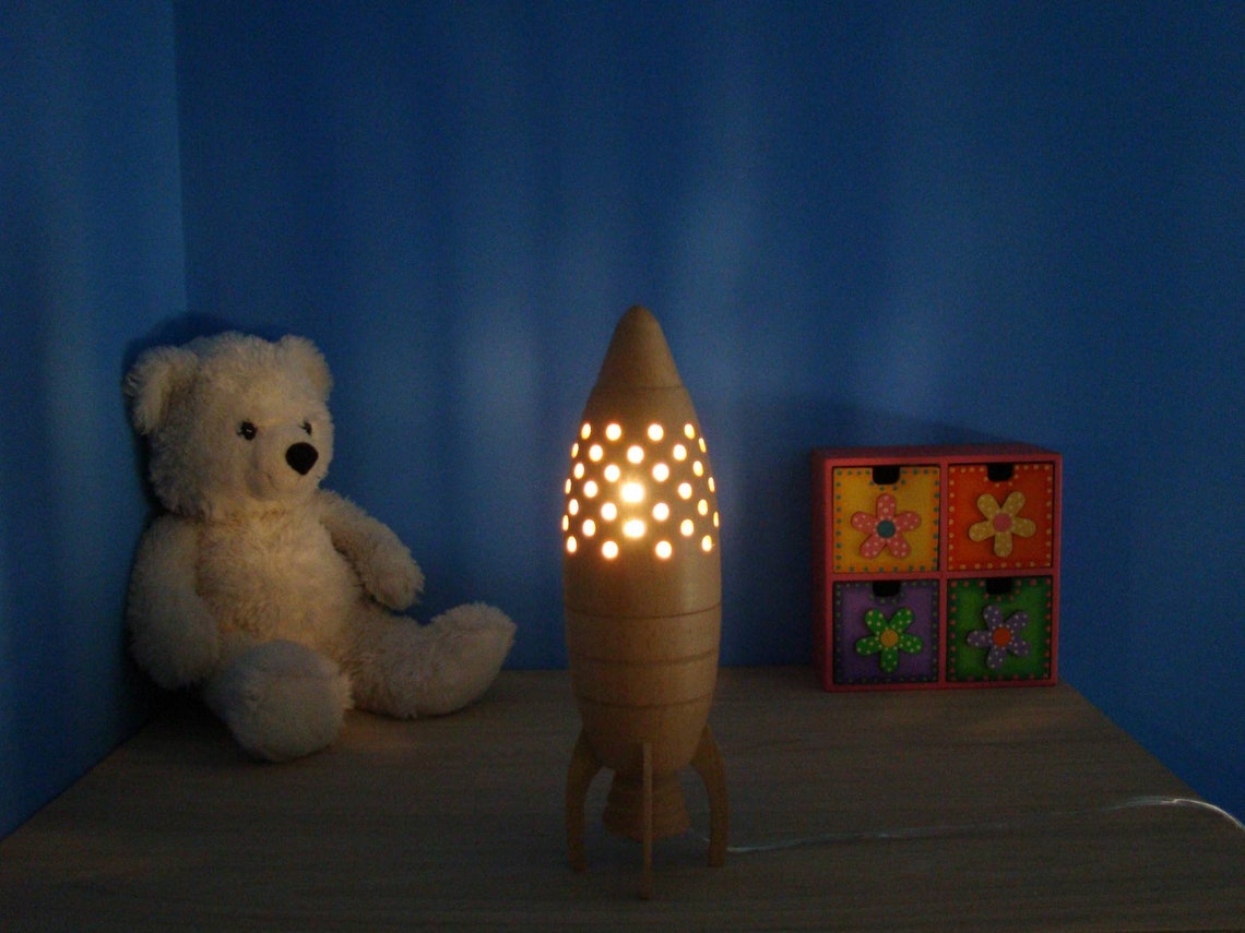 Kids Rocket Lamp. Rocket-shaped Wooden Bedside/desk Lamp for Reading or ...