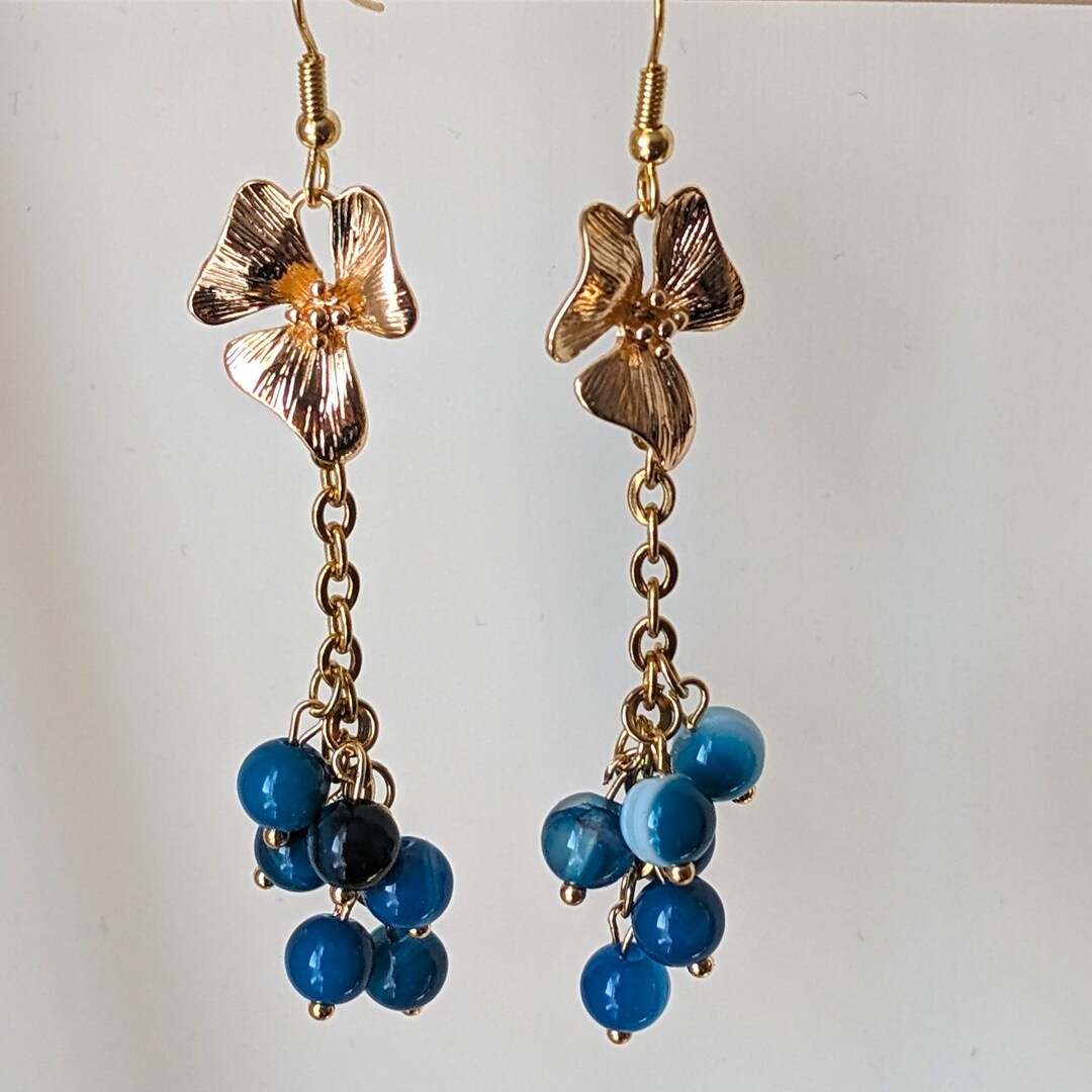 Berry Earrings Blueberry Gold Plated With Agate Beads Blue - Etsy