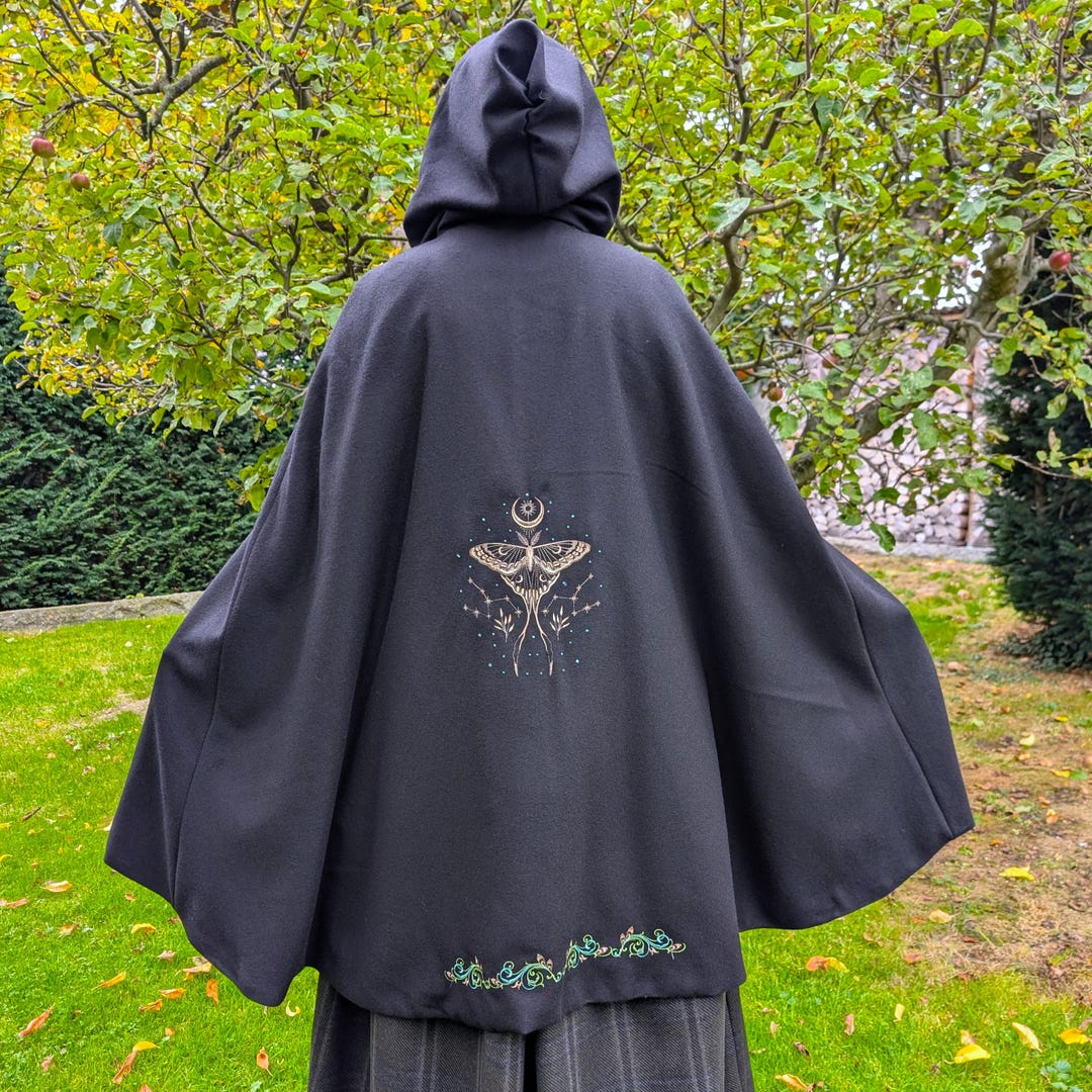 Long Black Wool Cape With Magical Embroidery Moth and Tendrils - Etsy