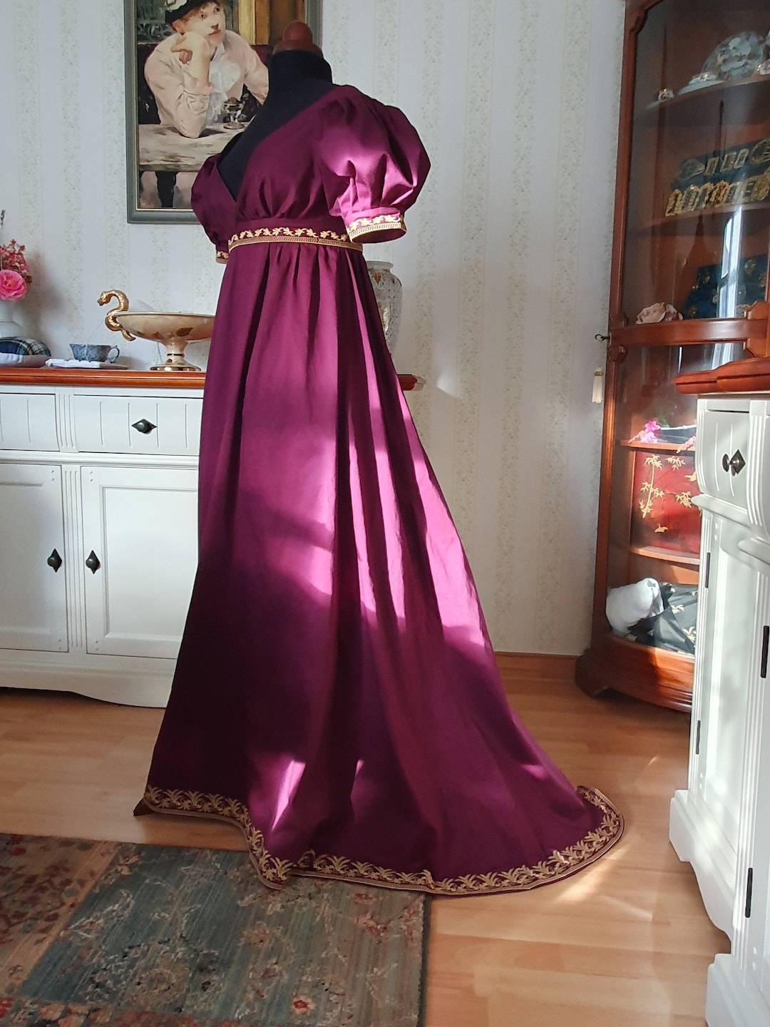 Regency Style Cotton Satin Dress With Gold Embroidery and - Etsy